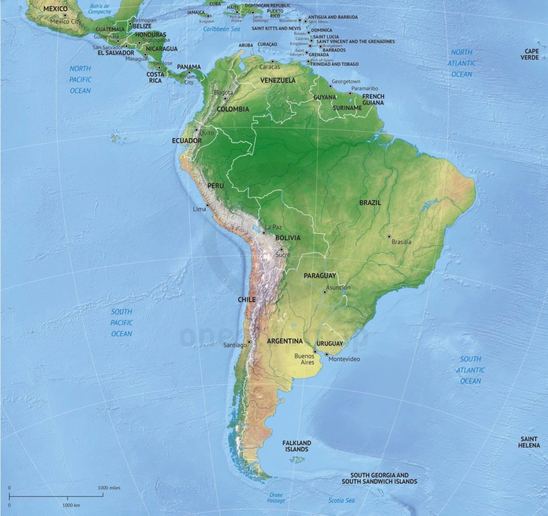 Vector Map South America continent relief | One Stop Map