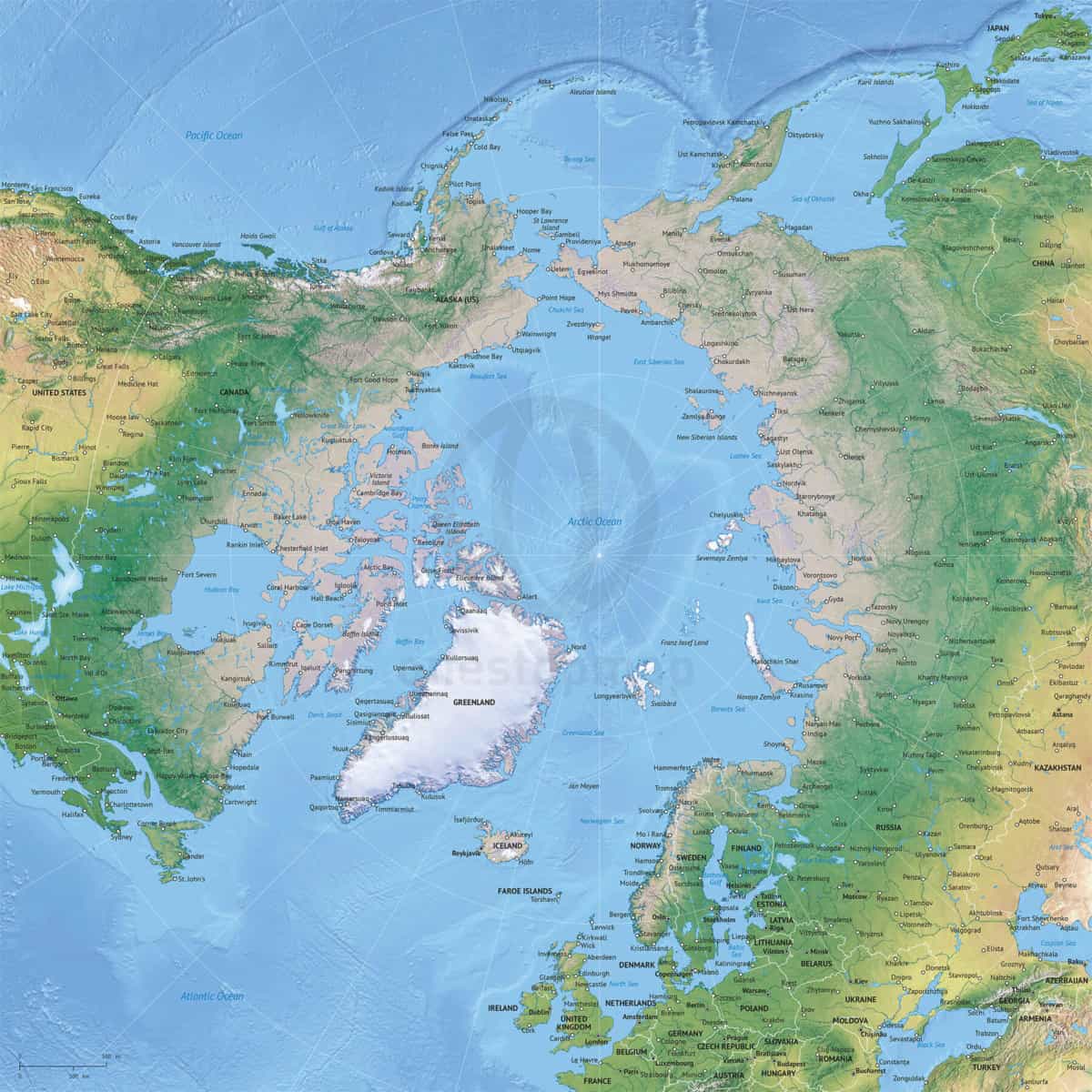 Vector Map of the Arctic, political with shaded relief | One Stop Map