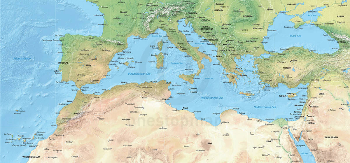 Vector Map of the Mediterranean, political with shaded relief | One ...