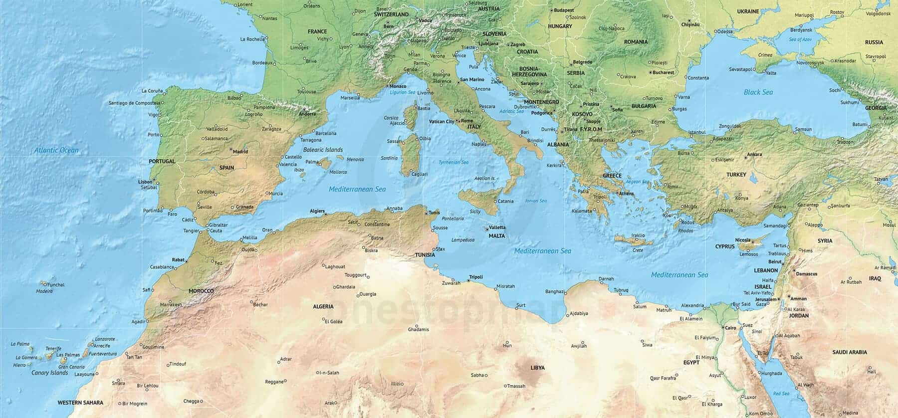 Vector Map Of The Mediterranean Political With Shaded Relief One Vector Map Of The Mediterranean Political With Shaded Relief One