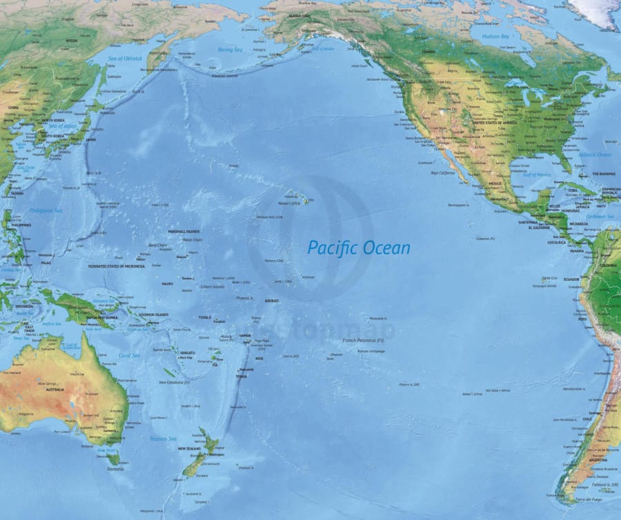 Vector Map of the Pacific Ocean political with shaded relief | One Stop Map