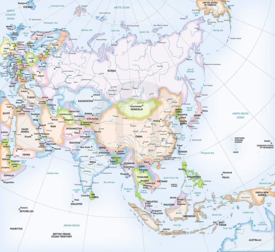 Vector Map of Asia Continent Physical | One Stop Map