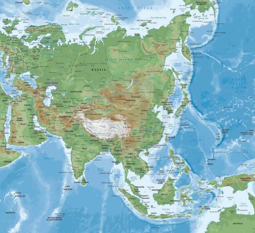 Vector Map Asia continent shaded relief | One Stop Map